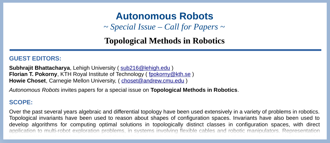 CfP: AURO special issue on Topological Methods in Robotics